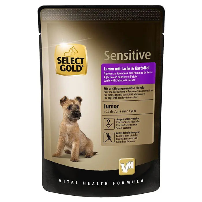 Køb SELECT GOLD Junior Sensitive Mini pouch lam & laks 100 g her– Maxi ...